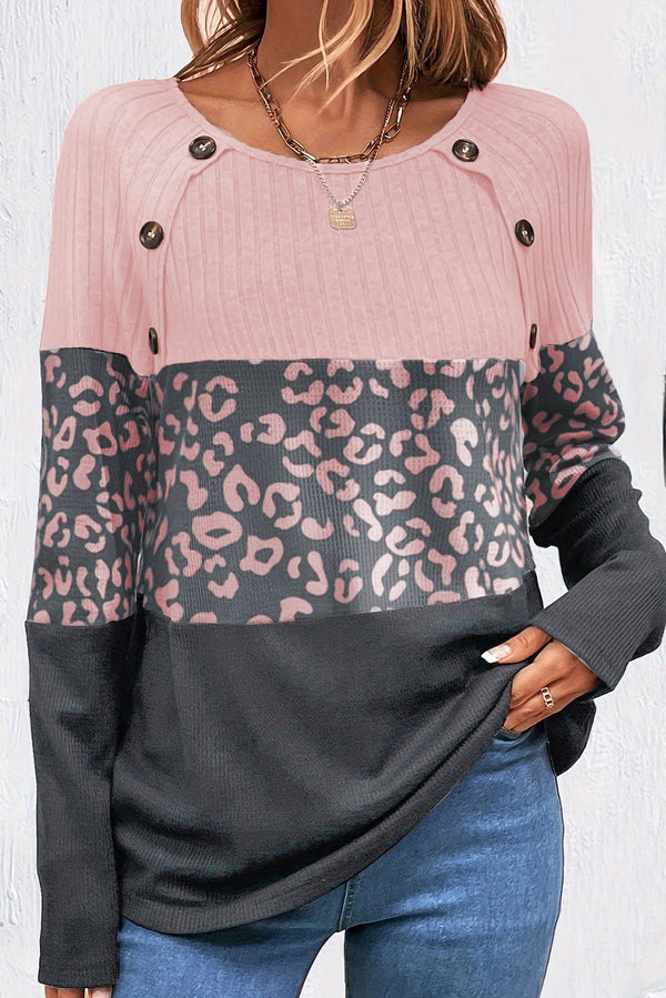 Pink Cheetah Textured Patchwork Buttoned Round Neck T Shirt – The Perfect Touch SA