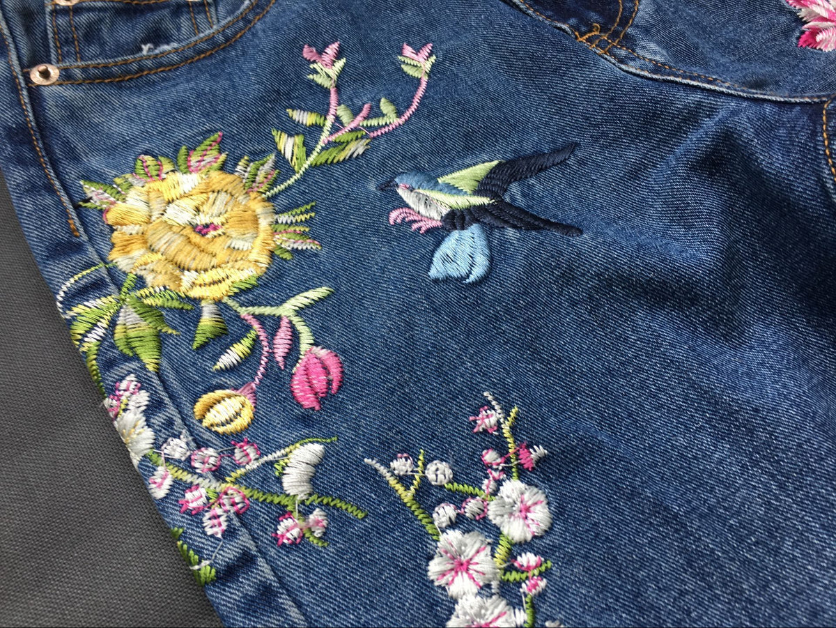 Bird Flower Front and Back Embroidery Jeans - The Perfect Touch SA